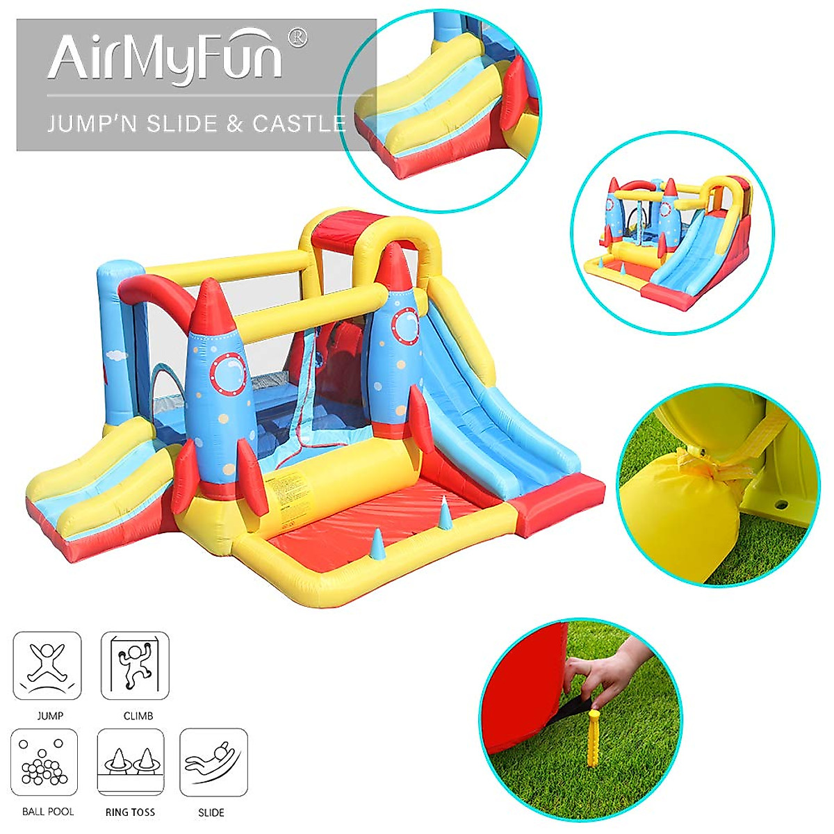 AirMyFun Inflatable Bounce House,Bouncy Castle with Air Blower,Play House with Ball Pit,Inflatable Kids Slide,Jumping Castle with Carry Bag(Rocket Theme)