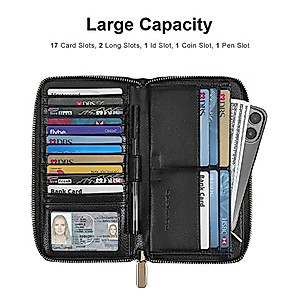 Chelmon Womens Wallet Large Capacity Zip Holder Clutch Bifold Wrist Strap Long Purse Black
