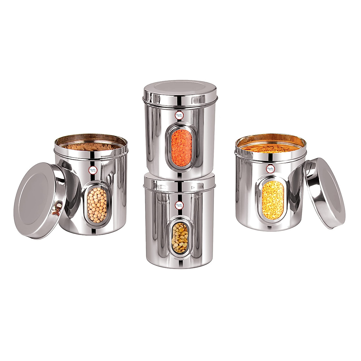 Opullo Stainless Steel See Through Containers for Kitchen | Mirror Polished Stainless Steel Containers With Lid and Transparent Window | Multipurpose Dabba Set for Kitchen | Pack of 4 | 1.25 Kgs