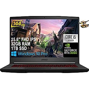 MSI GF65 Thin Gaming Laptop 15.6" FHD IPS 144Hz 10th Gen Intel Hexa-Core i5-10500H (Beats i7-9750H) 32GB RAM 1TB SSD GeForce RTX 3060 6GB Backlit Keyboard USB-C Nahimic Win10 Pro Black + HDMI Cable