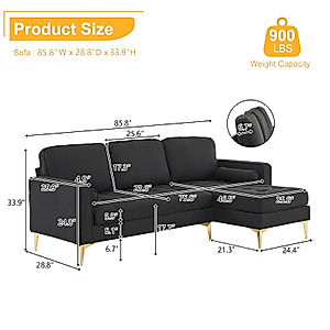 Karl home L-Shape Sectional Sofa Linen Fabric Sofa Couch Living Room Futon Couch with Reversible Chaise, Lattice Decored Seat Cushion, Black