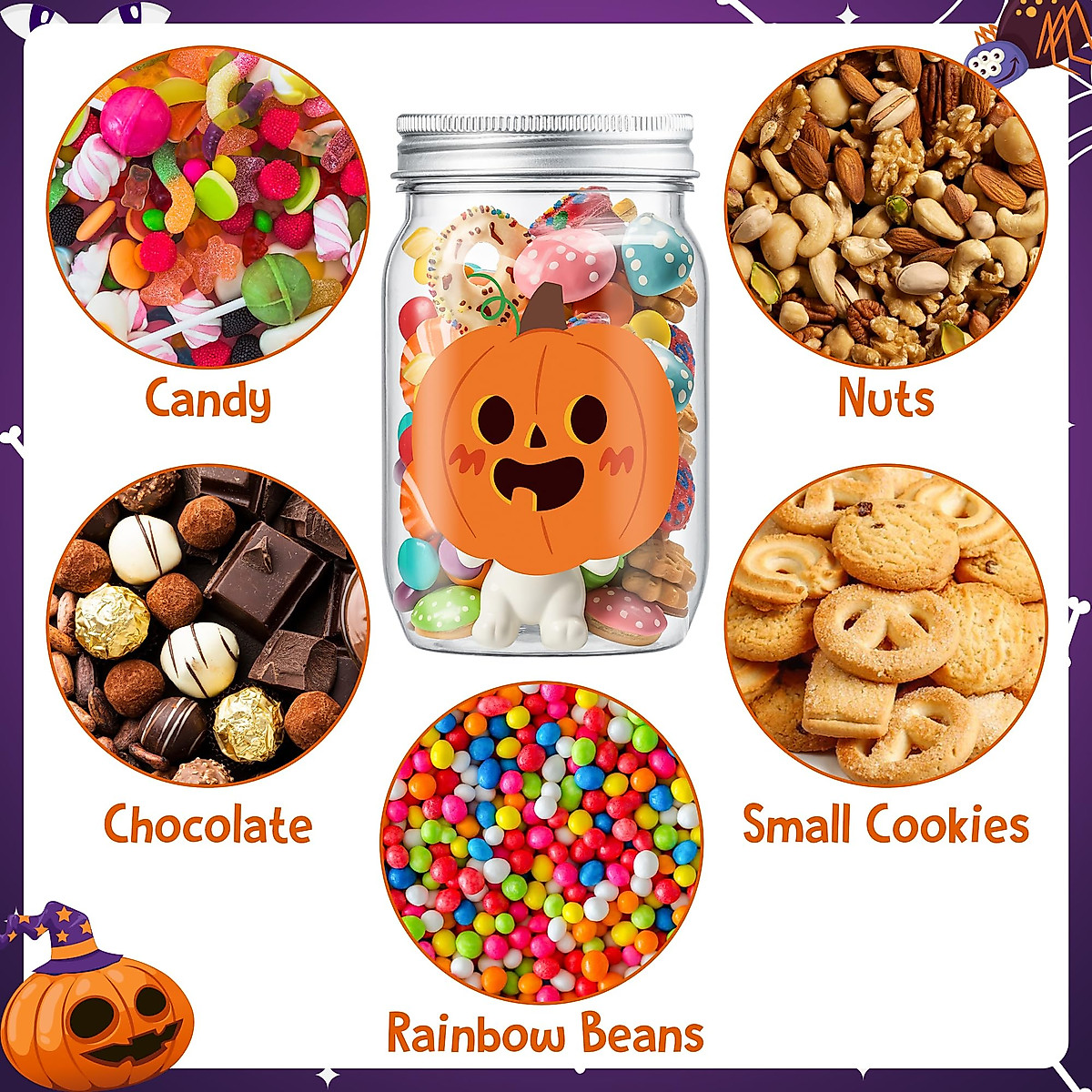 JAPBOR Halloween Candy Jars Containers - 14PCS Halloween Small Plastic Cookie Candy Jar with Lid Pumpkin Ghost Sticker Decoration, DIY Sugar Storage Dish Craft, Halloween Party Favor Gift Bottle Decor