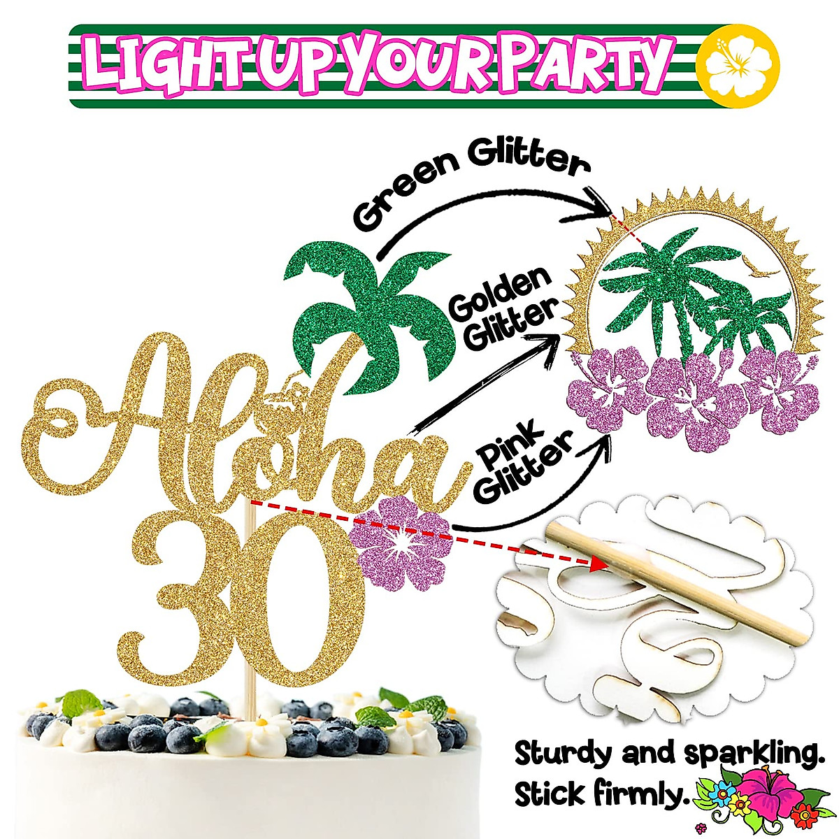 Gold Glitter Aloha 30 Cake Topper, Hello 30/Cheers to 30 Years/Happy 30th Birthday/Anniversay, Tropical Hawaiian Themed 30th Anniversary/Birthday Party Decorations