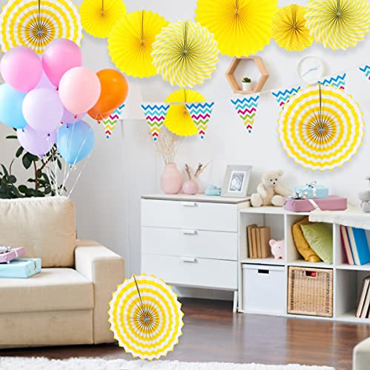 LRCXL 12PCS Party Hanging Paper Fans Set, Fiesta Round Pattern Paper Garlands Decoration Party Supplies for New Year Baby Shower Birthday Wedding Graduation Events Accessories (Yellow)
