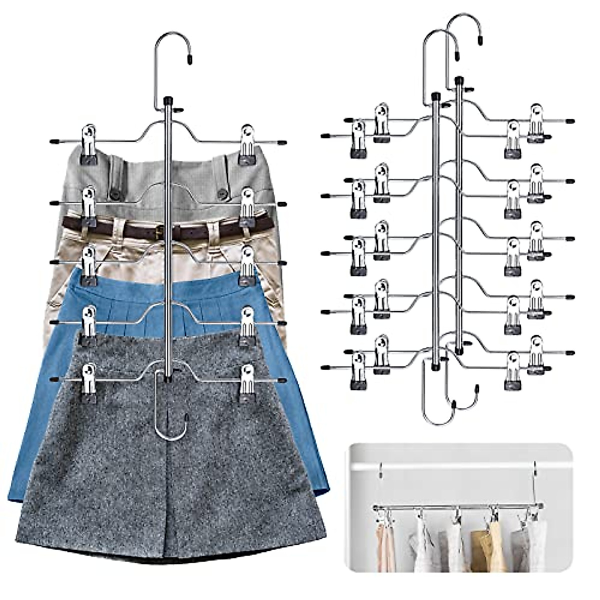 CINKSY Pants Skirt Hangers Space Saving 5 Tier Metal Skirt Hanger with Adjustable Clips Pants Trouser Hangers Closet Organizer for Jeans, Slacks, Shorts - 3 Pack