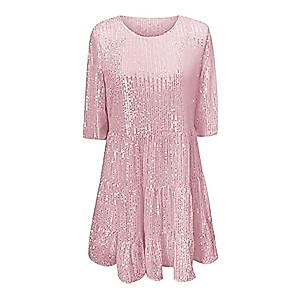 Cnebo A Line Dresses for Women Wedding Guest Ladies Sequin Sequins Round Neck Short Sleeves Big Swing Cute Dress Red