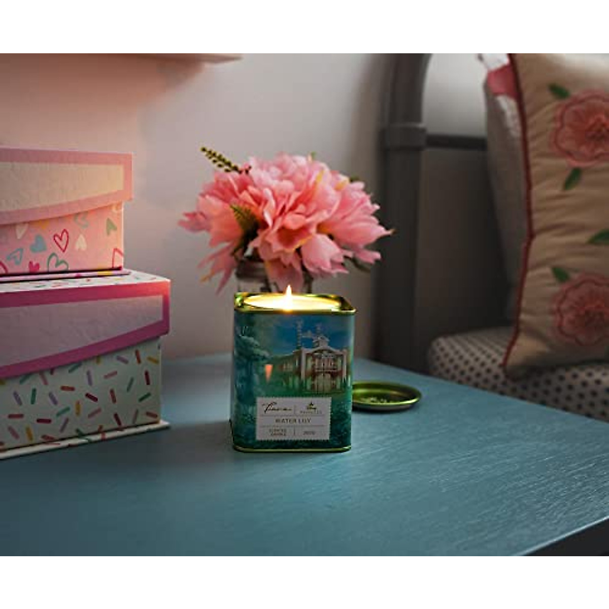 Ukonic Disney Princess Home Collection Tiana 11-Ounce Scented Tea Tin Candle with Water Lily Aromatic Fragrance | 28-Hour Burn Time | Home Decor Housewarming Essentials, and Collectibles