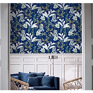 Yasinet Peel and Stick Wallpaper Boho Blue Wallpaper Removable Floral Self-Adhesive Contact Paper Vintage Blue Wallpaper for Walls Bedroom Vinyl Rolls 15.75inch × 78.7 inch