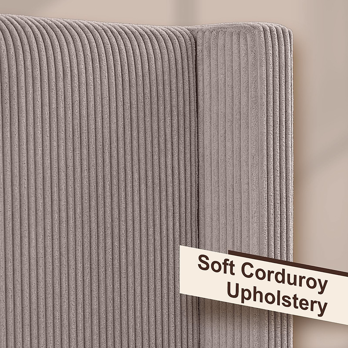 HOWE Queen Size Upholstered Platform Bed Frame, Wingback Bed with 50.8" Headboard, Corduroy/Solid Wood Leg/No Box Spring Needed/Noise Free/Taupe