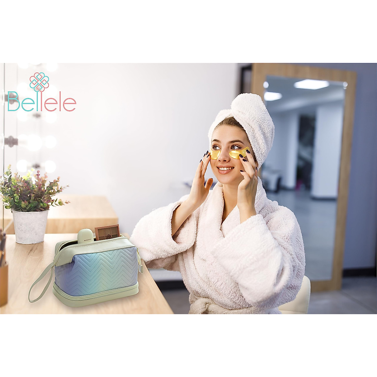 BELLELE Double Layer Cosmetic Bag, Large Makeup Bag, Bag for Women and Girls, Teen Makeup Bag, Gradient Makeup Bag, Cosmetic School Bag, Portable Leather Toiletry Bag-Purple