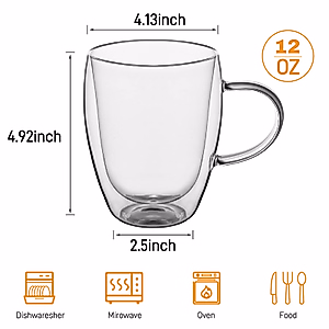 Dyserbuy Double Wall Glass Coffee Mugs Set of 4, 12oz Insulated Espresso Cups Coffee Cups, Drinking Glasses with Handle, Perfect for Latte,Cappuccino,Hot Chocolate,Tea and Juice