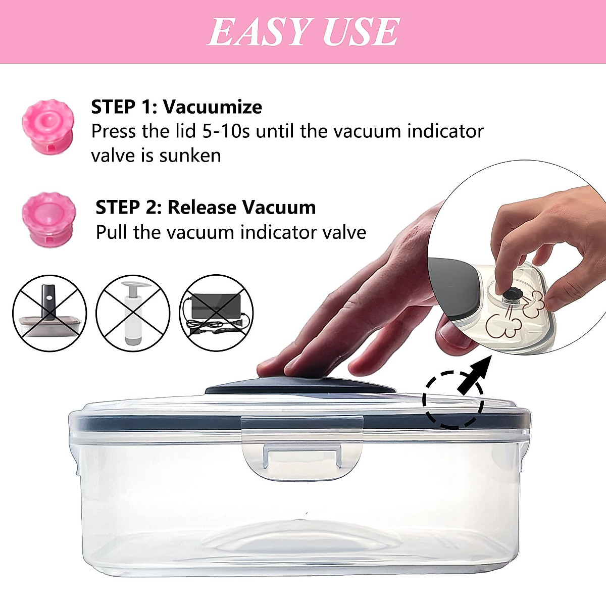 HelpyLife Vacuum Seal Containers for Food Storage, Press Out Excess Air Preserve Food Freshness, BPA Free Meal Prep Vacuum Containers for Fruits, Vegetables, Lunch, Leftovers, Marinating Meat