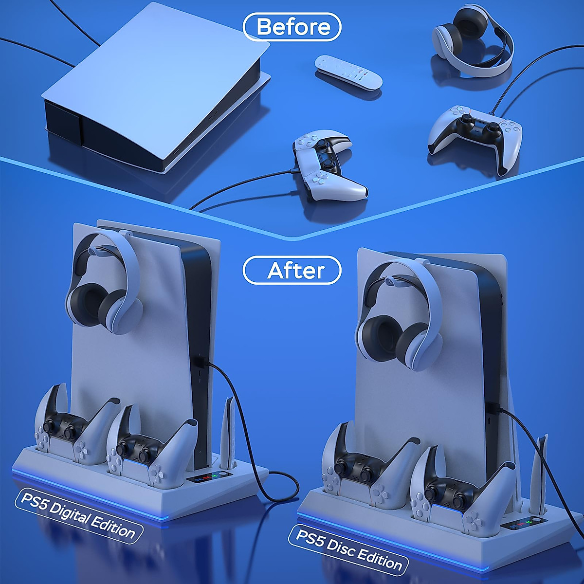 Uxeunrps PS5 Stand with PS5 Cooling Station and PS5 Charger Station for Playstation 5 Accessories, PS5 Controller Charger Station with 3-Level Silent Cooling Fan(Not Fit 2023 PS5 Slim)