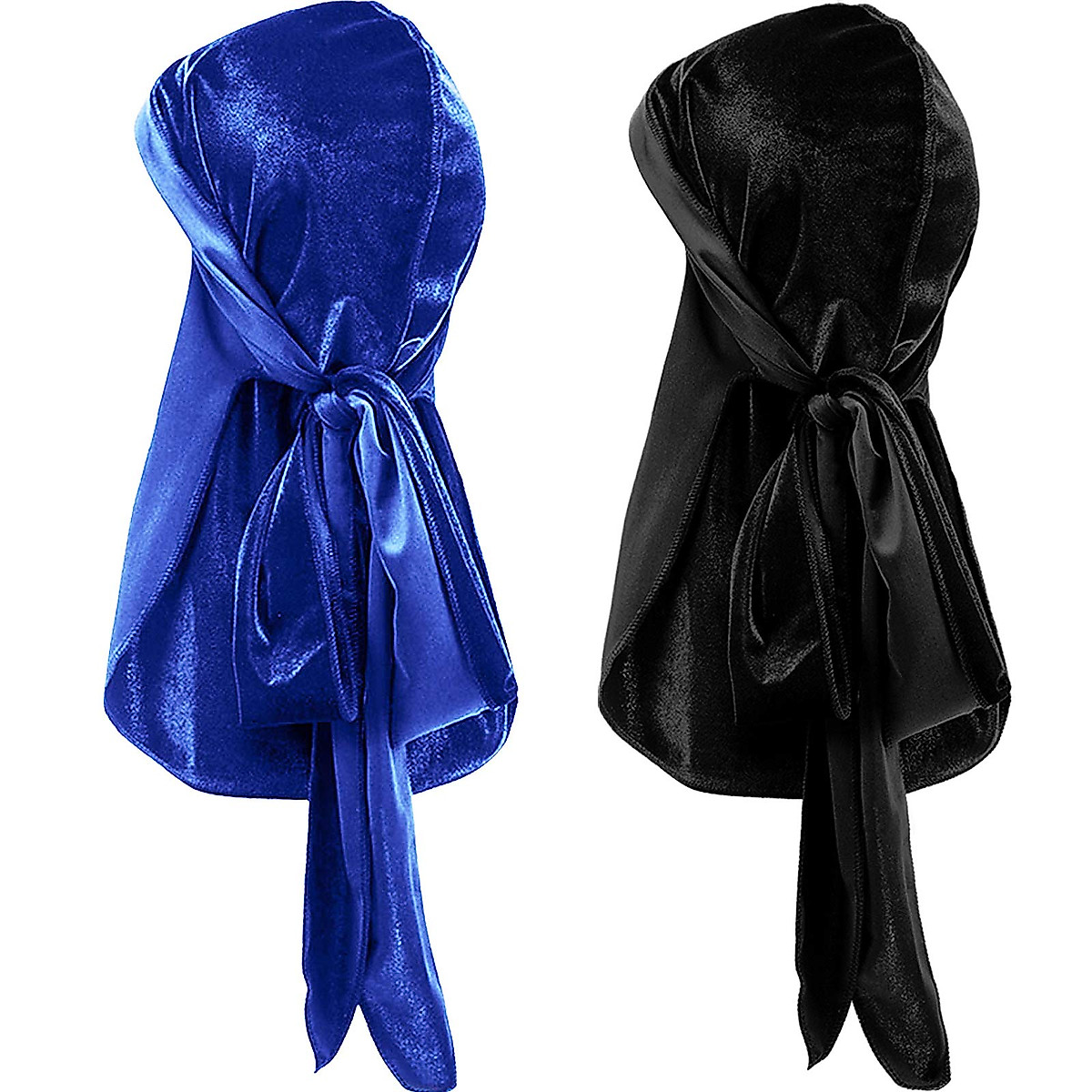 2 Pieces Velvet Baby Durags Kids Durag Caps 360 Wave Wide Strap Headwraps Long Tail Turban Beanies for Boys Girls (Black, Royal Blue)