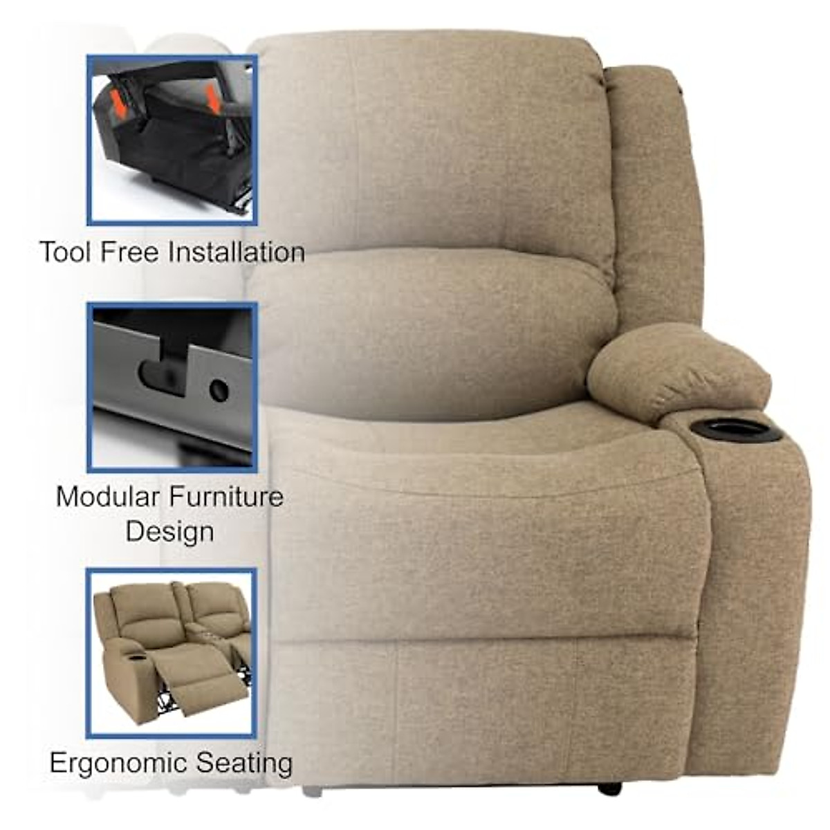 RecPro Charles 67" Double Recliner RV Sofa with Console and Cupholders | Zero Wall Loveseat for Camper | Wall Hugger Couch | Fifth Wheel Theater Seating | Replacement RV Furniture | Oatmeal Cloth