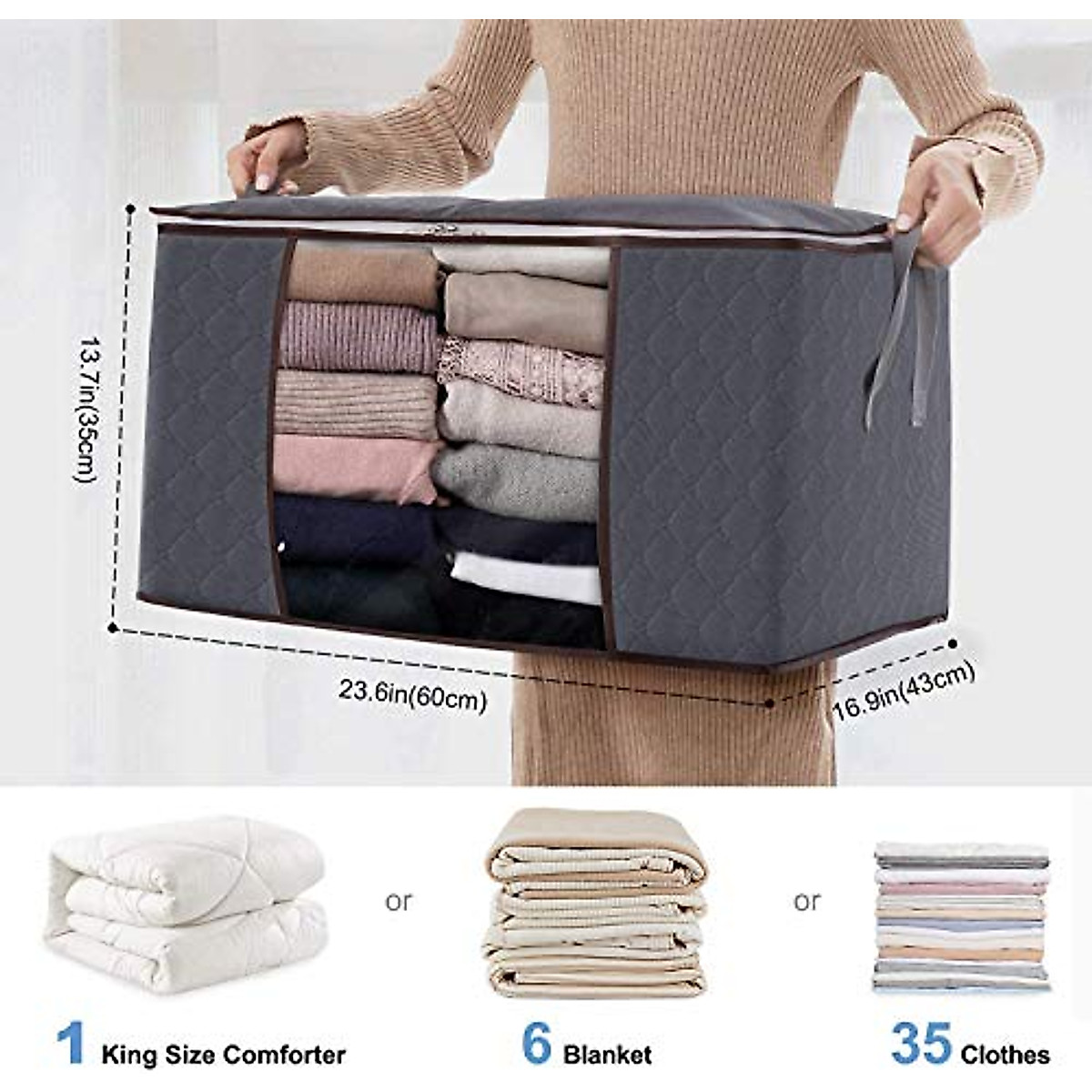 3 Pack, 90L Large Capacity Clothes Storage Bag Organizer with Reinforced Handle Thick Fabric for Comforters, Blankets, Bedding, Foldable with Sturdy Zipper, Clear Window,