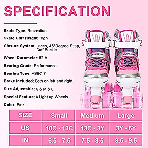 Sowume Adjustable Kids Roller Skates for Girls and Women, All 8 Wheels of Girl's Skates Shine, Safe and Fun Illuminating for Beginner