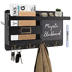 Kanmart Key Hooks for Wall Decorative: Retro Key Hanger with 4 Key Holders, Mail Organizer with Mail Slot, Side Hooks, Magnetic Blackboard & Marker, Black, KM-H01