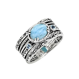 YoTreasure Larimar Swiss Blue Topaz 925 Sterling Silver Antique Three Stone Ring