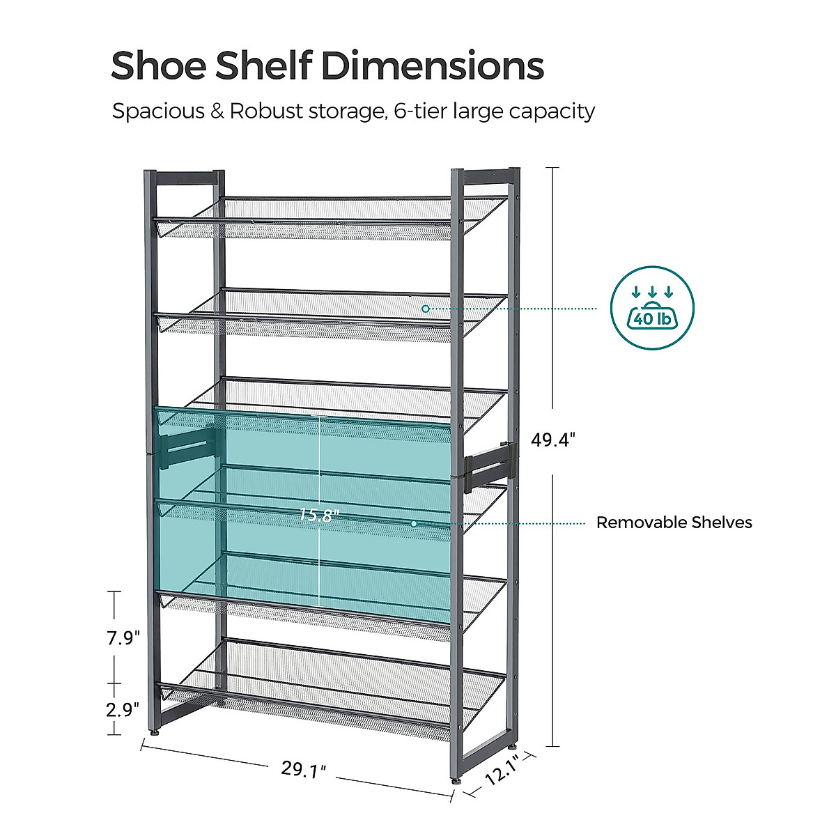 SONGMICS 6-Tier Shoe Rack Storage, Metal Shoe Organizer Stand for Garage, Entryway, Set of 2 3-Tier Stackable Shoe Rack Shelf, with Adjustable Flat or Angled Shelves, Holds 18-24 Pairs, Grey