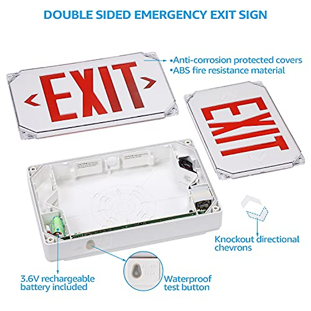 LEONLITE LED Exit Sign, Wet Location Exit Sign with Battery Backup, UL Listed, Outdoor Hardwired Exit Light with Double Sided, AC 120/277V, Weatherproof Emergency Exit Sign, Red
