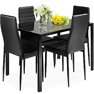 Giantex 5 Pcs Dining Table Set for 4, Modern Glass Tabletop Kitchen Table and Chairs, Rectangular Metal Frame Table with Leather Padded 4 Seats for Small Spaces Apartment