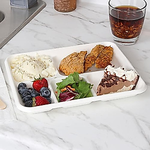 ECORIYO Divided Paper Plates - 50-Pack of Heavy Duty Disposable Plates with Compartment - Compostable Sugarcane 5 Compartment Disposable Plates - 10.5 x 8.5 x 1 Inch