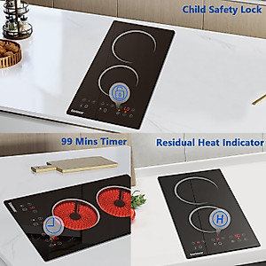 Karinear 110V Electric Cooktop 2 Burner - 12 Inch Plug in Electric Stove 110v, Countertop & Built-in Ceramic Cooktop, 2000W, Timer, Safety Lock, Residual Heat Indicator, Overheat Protection