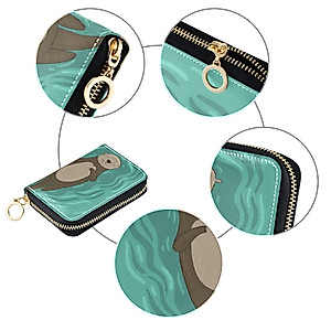 Heart Shaped Sea Otters in Love with You On Turquoise WaterGrey Credit Card Coin wallet, RFID Blocking Compact Women Leather Card Holder, Key Change Organizer, Zipper Purse Clutch Pouch Pocket