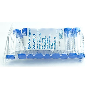 Crystalgen 23-2263 Polypropylene Conical Centrifuge Tube with Blue Screwcap, Sterile, 50mL Capacity, Pack of 500