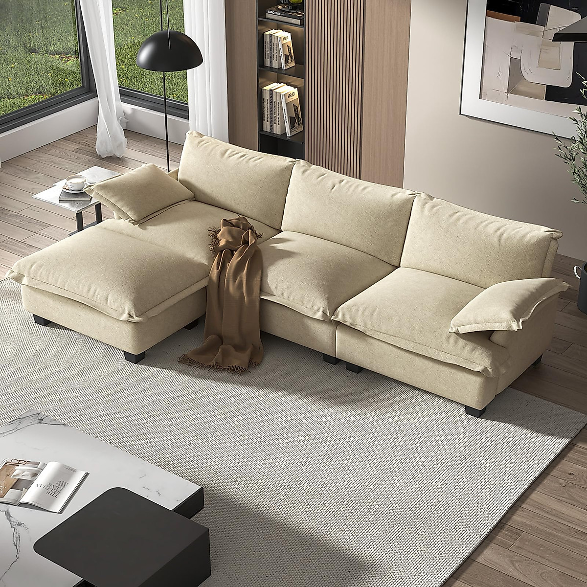 COPIAE L Shaped Sofa with Chaise, Convertible Sectional Sofa, 113 Inch Oversize Couch for Living Room, Modern Cloud Couch with Deep Seat, Velvet Fabric and Removable Ottoman, Beige Furniture Set