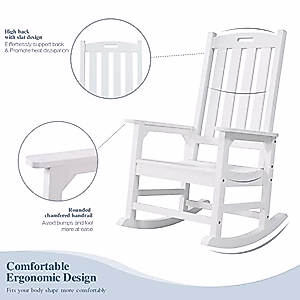 Psilvam Patio Rocking Chair, Poly Lumber Porch Rocker with High Back, 350Lbs Support Rocking Chairs for Both Outdoor and Indoor, Poly Rocker Chair Looks Like Real Wood (White)