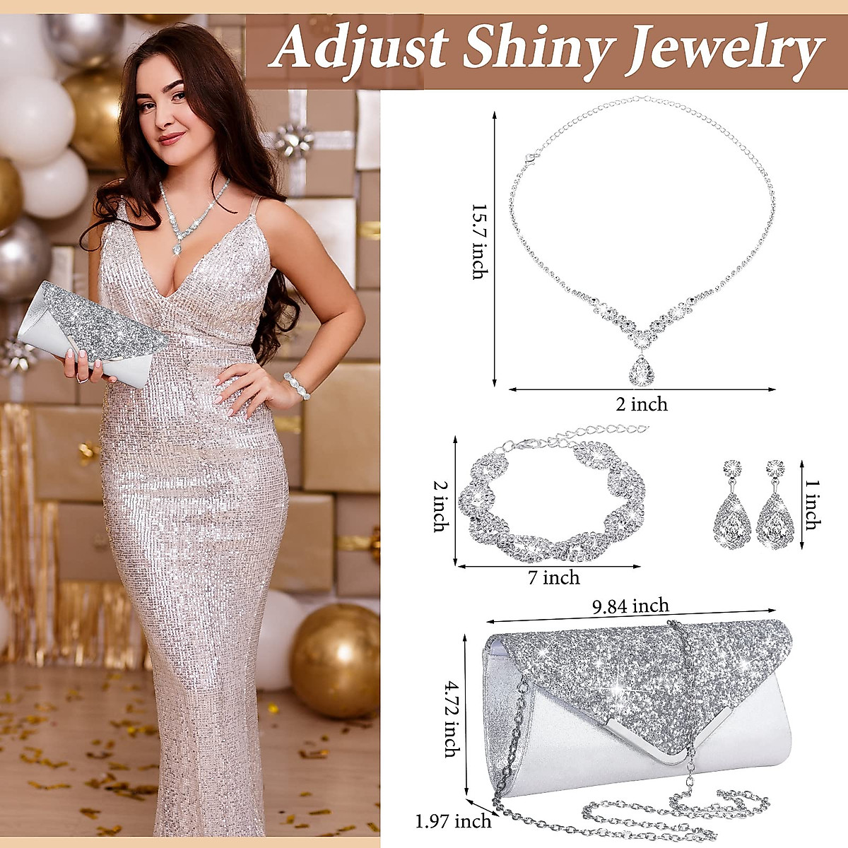 Tiamon 4 Pcs Rhinestone Jewelry Sets for Women Formal Prom Jewelry Earrings Necklace Bracelet Silver Clutch Purses Bag for Evening Wedding Party Christmas Jewelry Gift(Classic Style)