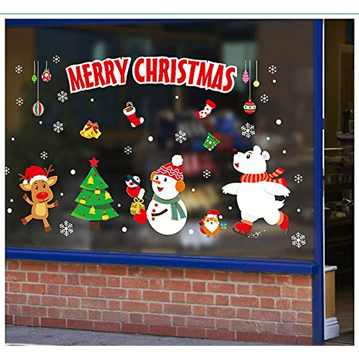 YULOONG Christmas Windows Static Stickers Colorful Clings Removable Vinyl Santa Claus Christmas Tree Snowman Snowflake Deer DIY Wall Window Door Mural Showcase Decal Sticker
