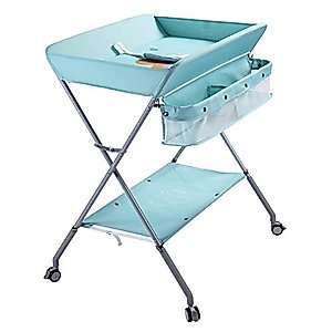 EGREE Baby Portable Folding Diaper Changing Station with Wheels, Adjustable Height Mobile Nursery Organizer with Safety Belt & Large Storage Racks for Newborn & Infant, Green 1 Count (Pack of 1)