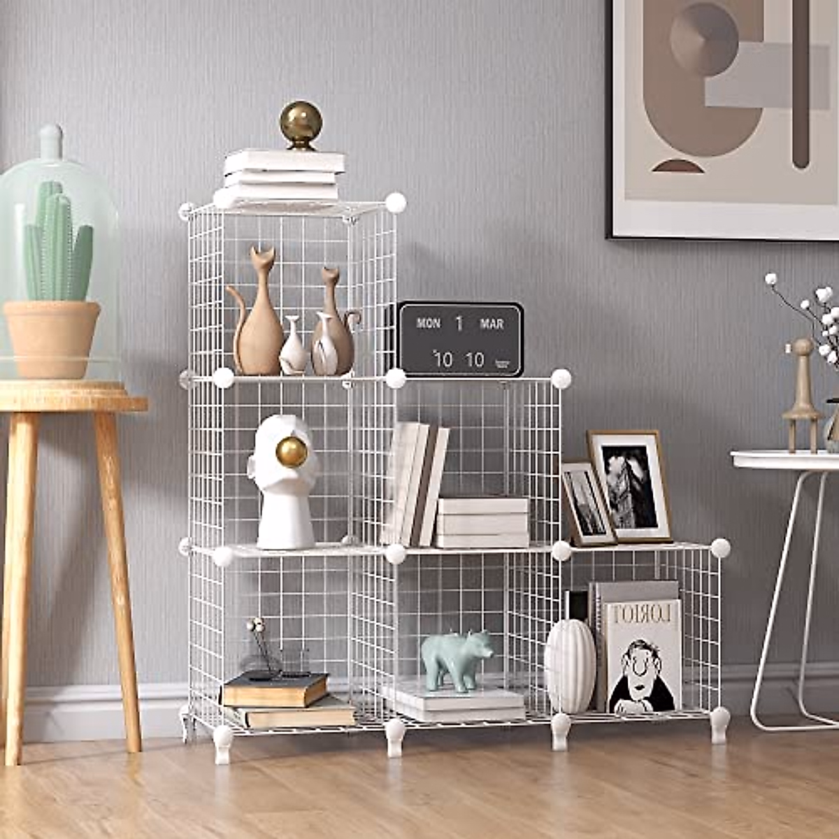 Wolizom Wire Cube Storage, Metal Grids Shelves Bookshelf, Stackable Modular Shelving Organizer, DIY Closet Bookcase Bookshelf, 6-Cube Grid Storage Shelf for Bedroom, Living Room, Office