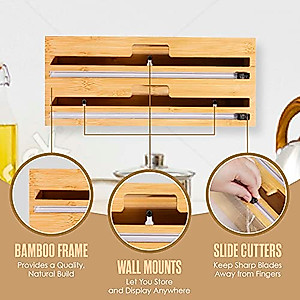 Plastic Wrap Dispenser with Cutter, Aluminum Foil Organizer, Two in One Roll Holder, 13.5"x5.75"x3", Wooden, Bamboo, Reusable, Saran Wrapper Dock, Wax Paper Dispensers for Kitchen Drawer | Houseables