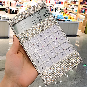 Glitter Calculator Silver Calculators Sparkle Bling Rhinestone Caiculator Office Home Electronics Diamond Desktop Calculator Solar Power 12 Digits Tilted LCD Display