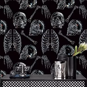 Peel and Stick Wallpaper Gothic Wallpaper Clear Crystal Skull Wallpaper Black Removable Wallpaper Removable Accent Wall Decorations Temporary Wallpaper for Bedroom & Halloween Party 17.3"x118.1"