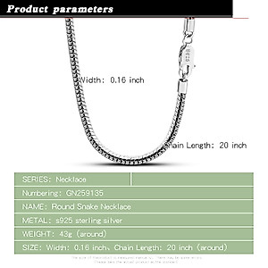 Dankadi Italy 925 Sterling Silver Snake Chain Necklace Men & Women 3MM-4MM Rolo Link Round Chain Chokers 16 "18 "20" 22 "24" 26 "28" 30" Unisex Fine Jewelry Gift (4MM, 24 inches)