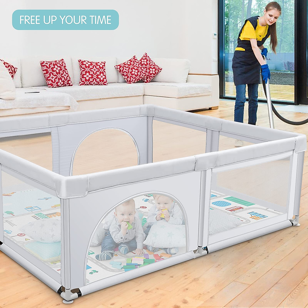 Derson Baby Playpen 79"X71" Extra Large Play Yard with Play Mat, Indoor & Outdoor Kids Fence Area with Breathable Mesh Gates, Safety Sturdiness Baby Fences for Babies, Infant, Toddler, Childs