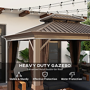 Outsunny 10' x 12' Hardtop Gazebo with Curtains and Netting, Permanent Pavilion Metal Double Roof Gazebo Canopy with Aluminum Frame and Hooks, for Garden, Patio, Backyard, Dark Brown