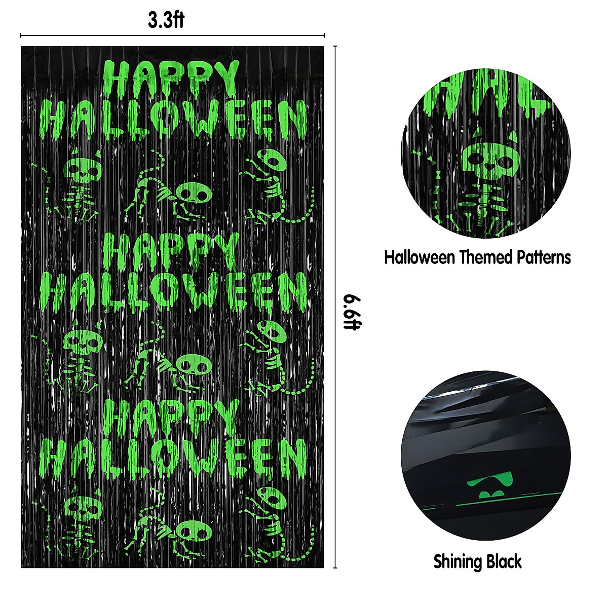 2 Pack Halloween Foil Fringe Curtains Decorations, 3.3 x 6.6 FT Black Tinsel Fringe Curtain Cat Happy Halloween Decorations Indoor Photo Backdrop Streamers for Home Halloween Party Decor