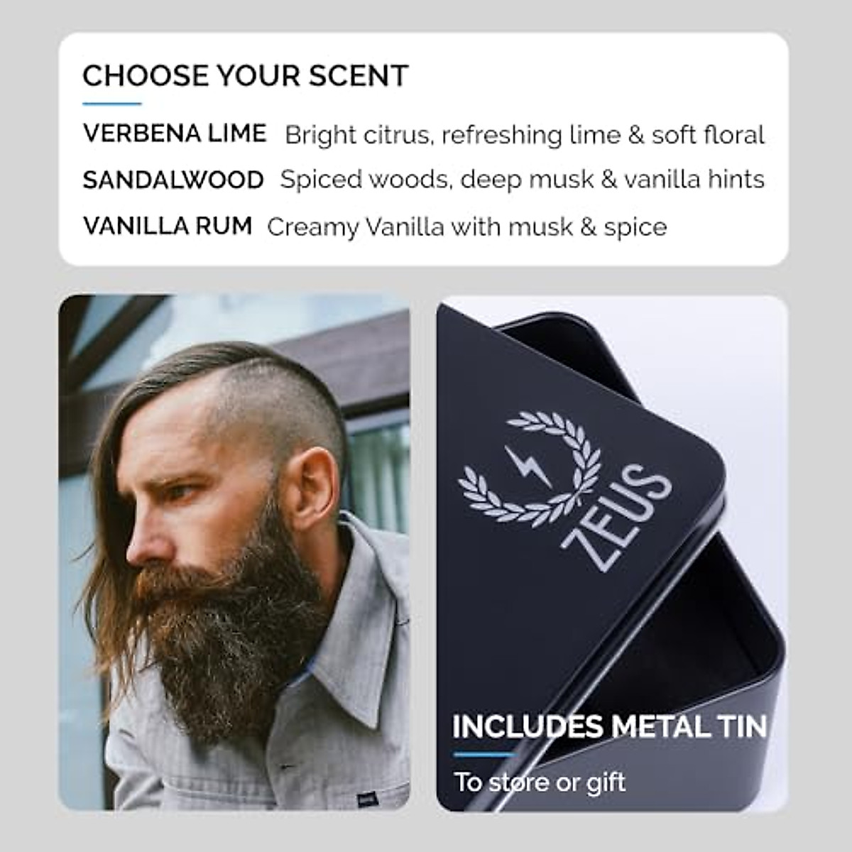 ZEUS Everyday Beard Care Kit with Refined Beard Oil – Shampoo & Conditioner Wash, Refined Oil & Beard Balm (Made in USA) Sandalwood