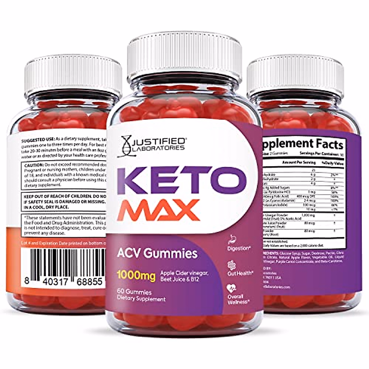 Justified Laboratories (3 Pack) Keto Max ACV Gummies 1000MG with Pomegranate Juice Beet Root B12 180 Gummys