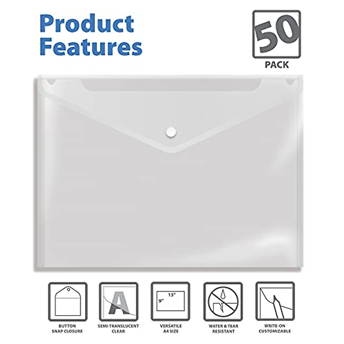 Clear Reusable Plastic Envelopes with Snap Closure, Plastic Document Holders, 13" x 9" XL Size for Letter Paper, 50 Pack, by Better Office Products, Poly File Envelopes, Clear, 50 Pack