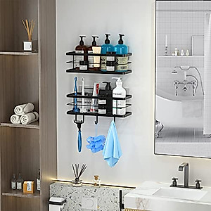 Large Shower Caddy Basket Shelf, 2 Pack, Bathroom Storage Organizer with 4 Hooks, Adhesive No Drilling Wall Mounted Shower Rack, Rustproof SUS304 Stainless Steel Shower Organizer for Kitchen - Black