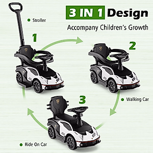 Costzon Push Cars for Toddlers, 3 in 1 Licensed Lamborghini Stroller Sliding Walking Car w/Handle, Armrest Guardrail, Underneath Storage, Horn, Foot-to-Floor Ride On Toy for Boys Girls (White)
