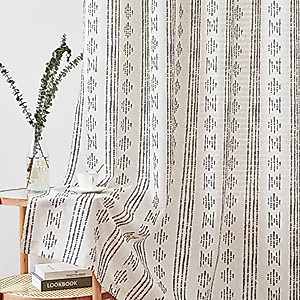 jinchan Boho Curtains Linen Curtains for Living Room Black Farmhouse Boho Curtains 84 Inches Long Geometric Striped Patterned Mudcloth Grommet Top Curtains 2 Panels Black on Beige