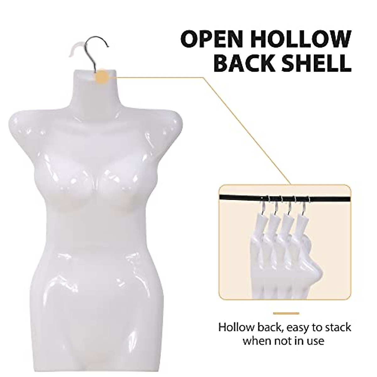 White Hanging Female Mannequin Torso 4PCS Dress Form Sewing Manikin, 30 Inch Female Molded Shatterproof Shapely Torso Form Hollow Back Body Torso Dress Form & 2 Hanging Hook for T-Shirt Display